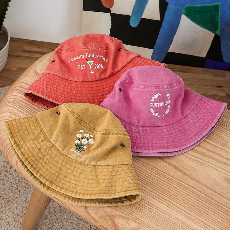 Wholesale Leather Patch Bucket Hats & Logo/Text